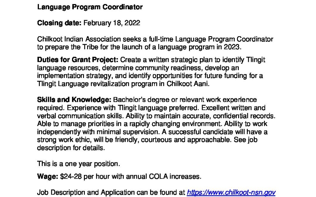 Employment ad for Language Coordinator 2nd time | Chilkoot Indian ...